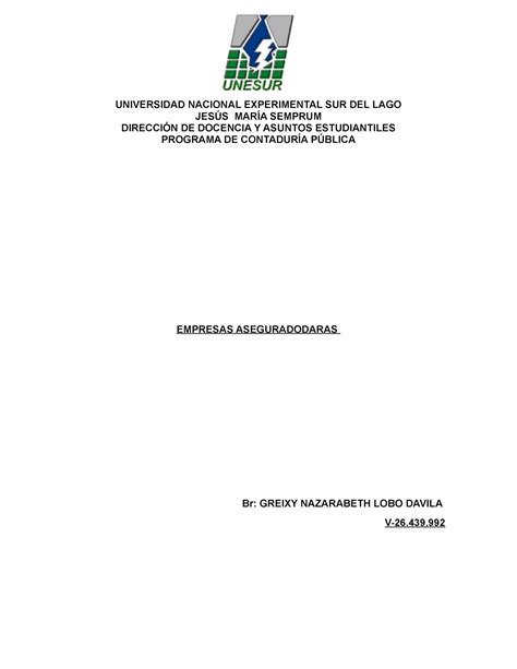 Entidades Aseguradoras Universidad Nacional Experimental Sur Del Lago JesÚs MarÍa Semprum