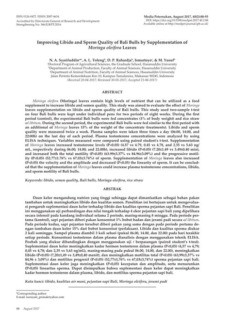 Pdf Improving Libido And Sperm Quality Of Bali Bulls By