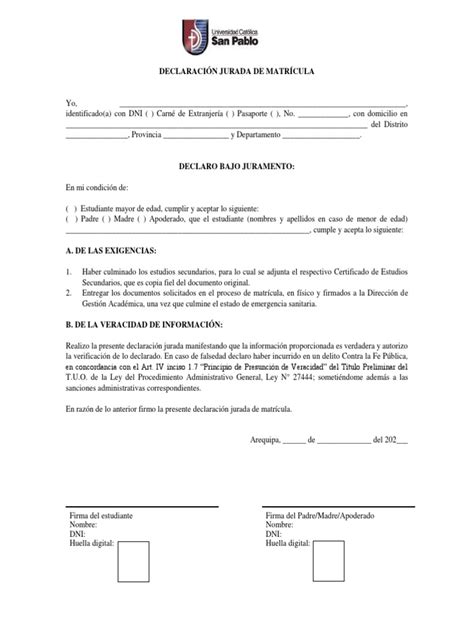 DeclaraciÓn Jurada De MatrÍcula Y Consentimiento Expreso De Uso Y
