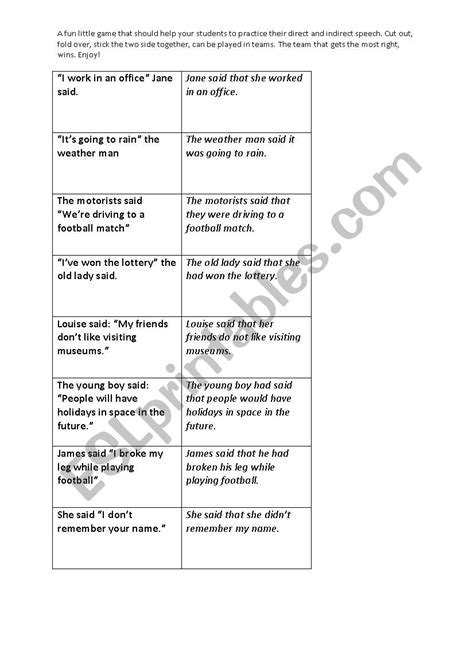 Direct Indirect Speech Practice Game Cards ESL Worksheet By
