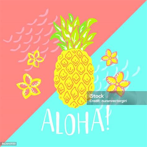 Poster Musim Panas Dengan Nanas Dan Huruf Tangan Ilustrasi Stok Unduh