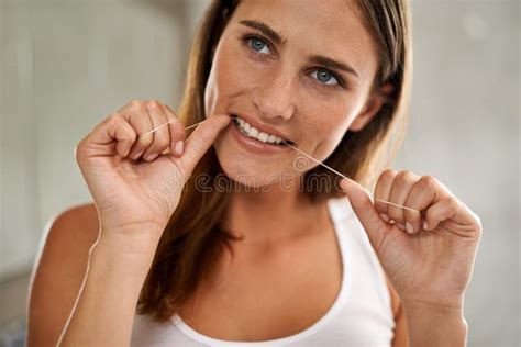 Floss Teeth And Happy For Woman And Dental For Oral Health And