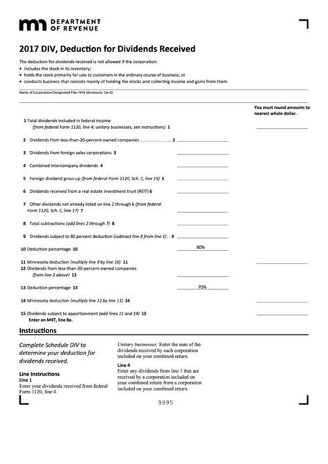 Fillable Form Div Deduction For Dividends Received 2017 Printable Pdf Download