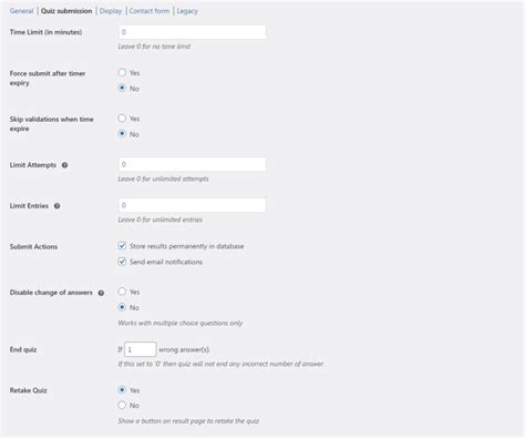 basic quiz and survey settings options tab documentation quiz and
