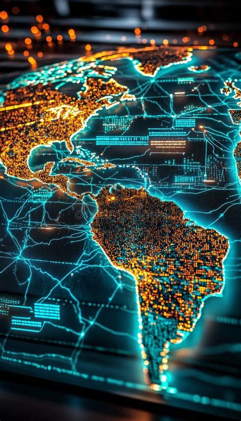 Global Network Connections Digital World Map With Glowing Lines Representing Data Flow Stock