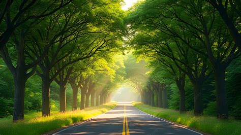 무성한 녹색 숲과 생기 넘치는 단풍이 있는 고요한 나무가 늘어선 길 가로수길 울창한 숲 여름 풍경 배경 일러스트 및 사진 무료 다운로드 Pngtree