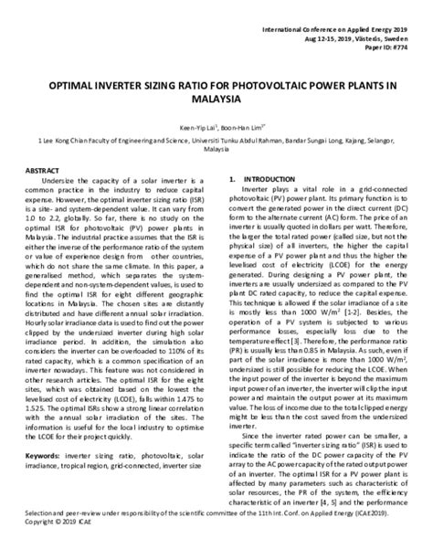 Pdf Optimal Inverter Sizing Ratio For Photovoltaic Power Plants In