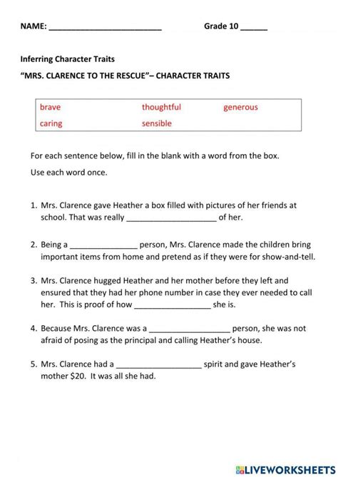 inferring character traits worksheets printable pdf template