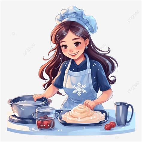 Young Pretty Girl In Blue Winter Dress And Braids Cooking At The