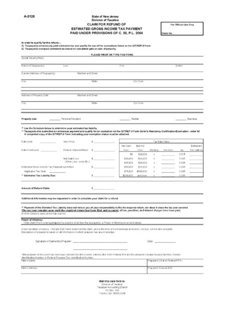 Fillable New Jersey Claim For Refund Of Estimated Gross Income Tax