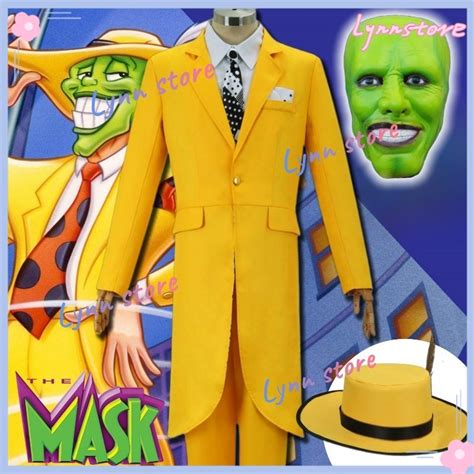 Movie The Mask Jim Carrey Cosplay Costume Yellow Suit Uniforms Hat Mask