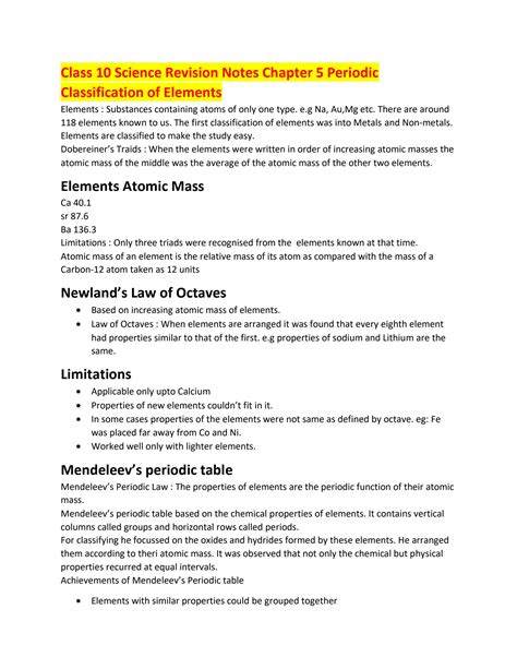 Solution Class 10 Science Revision Notes Chapter 5 Periodic