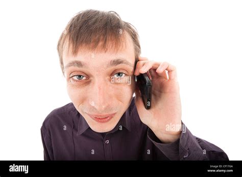 Happy Weirdo Nerd Man On The Phone Isolated On White Background Stock