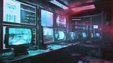 Futuristic Hacker Workstation With Neon Lights And Monitors Premium