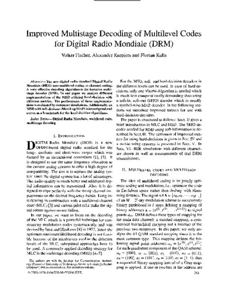 Pdf Improved Multistage Decoding Of Multilevel Codes For Digital Radio Mondiale Drm
