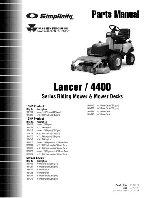 Simplicity Lancer 4400 Parts Manual 126590 Pdf Screw Axle