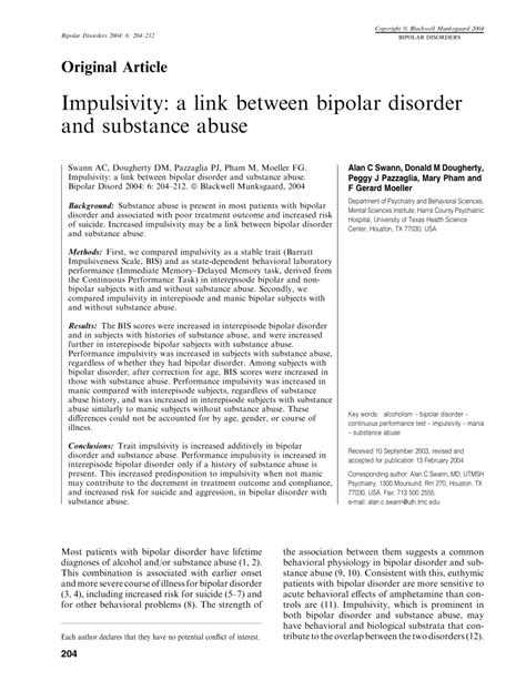 Pdf Impulsivity A Link Between Bipolar Disorder And Substance Abuse
