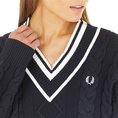 Buy Fred Perry Womens Cable Knit V Neck Jumper Navy