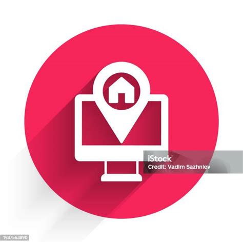 흰색 컴퓨터 모니터와 긴 그림자 배경으로 분리된 위치 마커 아이콘이 있는 접힌 지도 빨간색 원 버튼입니다 벡터 거리에 대한 스톡 벡터 아트 및 기타 이미지 Istock