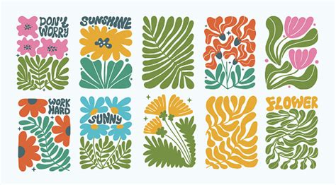 Groovy 추상 꽃 식물 배경의 집합입니다 꽃이 있는 포스터는 트렌디하고 순진한 복고풍 히피 60년대 70년대 스타일의 동기 부여 문구와 함께 심습니다 강렬하고 밝은