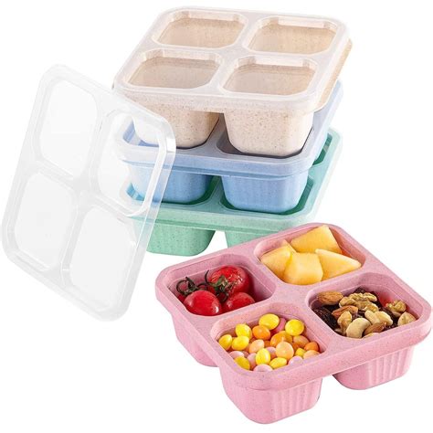Snack Containers Reusable 4 Divided Compartments Bento Snack Box Meal