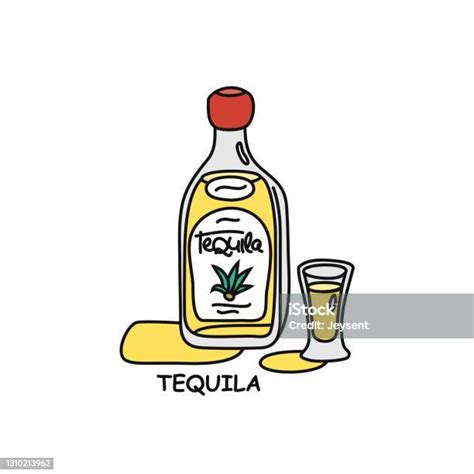 흰색 배경에 테킬라 병 과 유리 윤곽 아이콘 컬러 만화 스케치 그래픽 디자인 낙서 스타일 손으로 그린 이미지 파티 음료 개념 프리핸드 드로잉 스타일 마시기에 대한 스톡 벡터