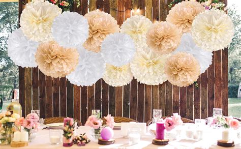 Sunbeauty 15 Pcs Champagne Tissue Paper Pom Poms Neutral Party