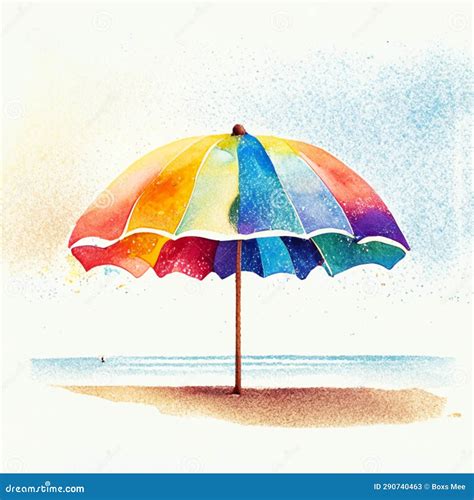 Watercolor Illustration Of A Colorful Umbrella On The Beach Summer