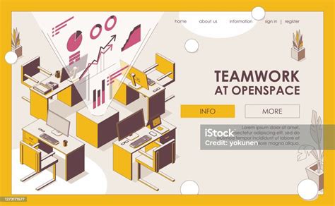 오픈 스페이스 오피스 Isometric 방문 페이지 템플릿의 팀워크 테이블과 의자 모노블록 Pc 및 액세서리 차트 및 다이어그램을 간략하게 설명합니다 선명한 노란색과 분홍색