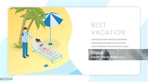 모래 해변 레크리에이션 방문 페이지 템플릿입니다 여름 방학 열대 리조트 웹 사이트 홈페이지 인터페이스 아이디어 와 아이소메트릭 일러스트레이션 웹 배너 관광 및 웨이터와 웹