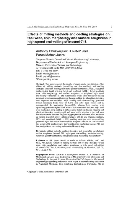 Pdf Effects Of Milling Methods And Cooling Strategies On Tool Wear Chip Morphology And