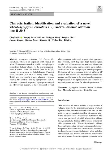 Characterization Identification And Evaluation Of A Novel Wheat Agropyron Cristatum L Gaertn