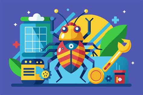 a colorful illustration depicting bug fixing concepts with a large bug
