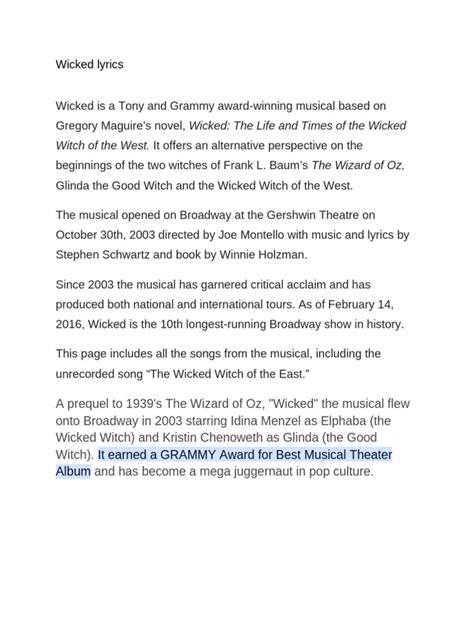 Wicked Musical Song Lyrics Overview Pdf