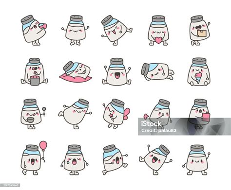 귀여운 카와이 소금 통 캐릭터 세트는 사랑스러운 표정 음식 및 향신료 관련 개념의 행복하고 즐거운 일러스트레이션을 위한 재미있는 포즈를 특징으로 합니다 가공의 인물에 대한