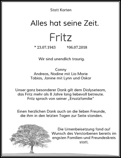 Alle Traueranzeigen für Fritz trauer rp online de