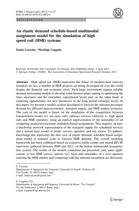 Pdf An Elastic Demand Schedule Based Multimodal Assignment Model For The Simulation Of High