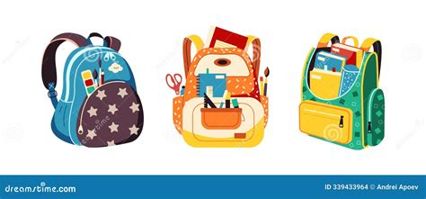 Schoolbags With Stationery And Textbooks 2d Cartoon Objects Stock