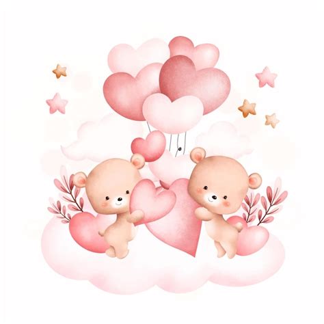 수채화 그림 구름에 귀여운 커플 곰 프리미엄 벡터