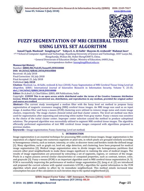 Fuzzy Segmentation Of Mri Cerebral Tissue Using Level Set Algorithm Pdf