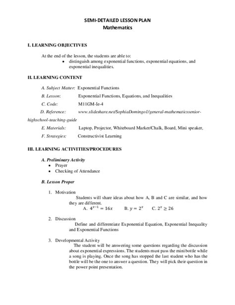 Detailed Lesson Plan In Solving Linear Equation One Variable Equations