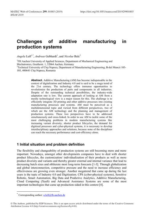 Pdf Challenges Of Additive Manufacturing In Production Systems