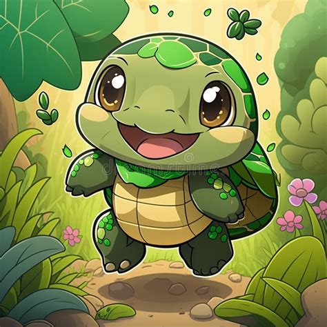 Kawaii Cute Smiling Turtle In The Forest Stock Illustration Illustration Of Line Comics