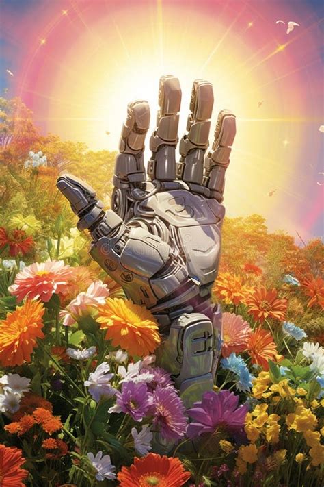 Robotic Hand Reaching For Flowers Android Connecting With Nature