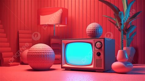 만화 스타일 3d 렌더링은 파란색 텔레비전 기술로 빨간색 장면을 묘사합니다 티비 쇼 텔레비전 채널 Tv 3d 배경 일러스트