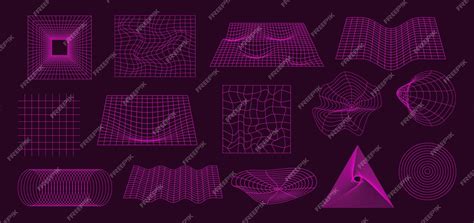 네온 핑크 색상 벡터 3d 그리드 모양 및 다른 미래 사이버 펑크 복고풍 요소 집합 프리미엄 벡터