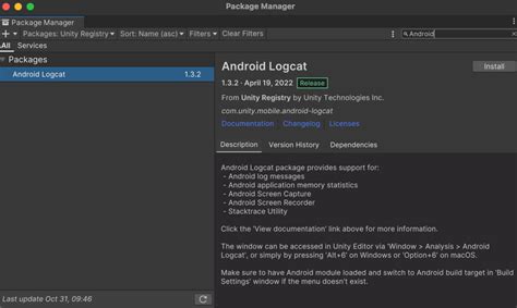 【Unity】公式パッケージ「Android Logcat」を利用してAndroidデバイスからのスタックトレースやログなどのメッセージをUnity Editorに表示する - はなちるのマイノート