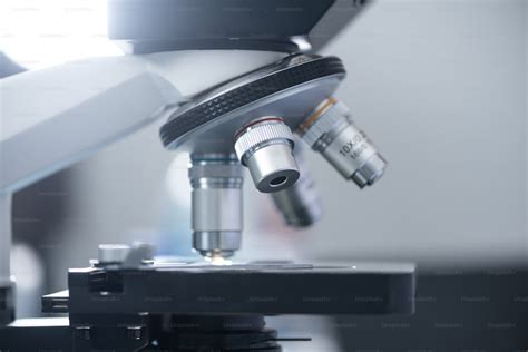 Close Up Of Microscope Lens Science Tools Microscope In Laboratory