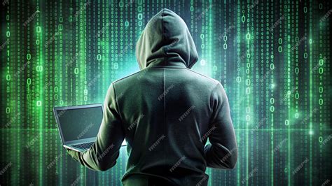 Silhouette Of Hooded Criminal Hacking Computer On Binary Code Background Cyber Crime Concept