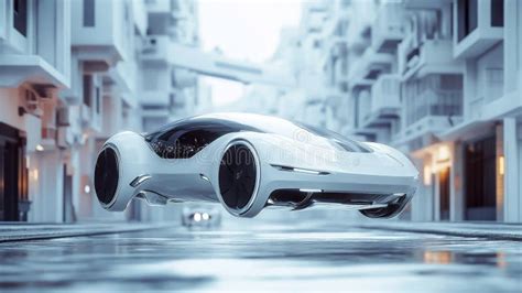 Futuristic White Flying Car Hovering Above Empty City Street